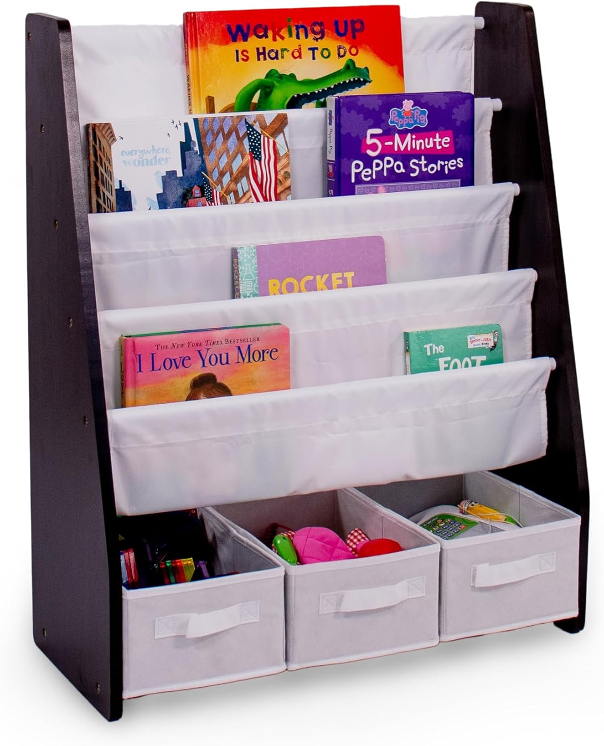 Humble Crew Kids Bookshelf 4 Tier Book Storage and Fabric Bin Organize