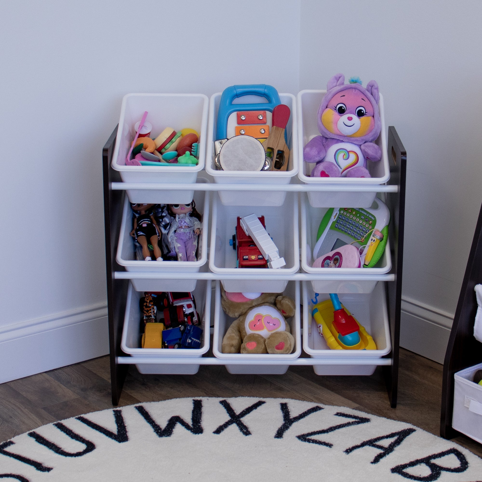 Humble Crew Espresso Toy Storage Organizer with 9 Plastic Storage Bins